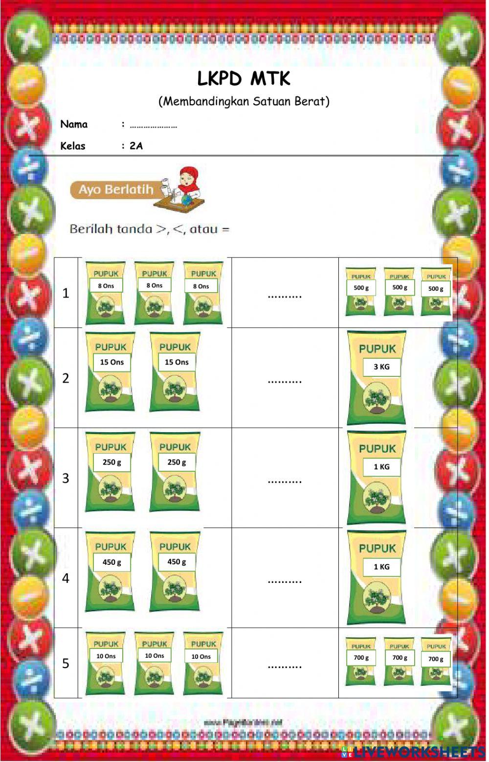 Membandingkan Berat worksheet | Live Worksheets