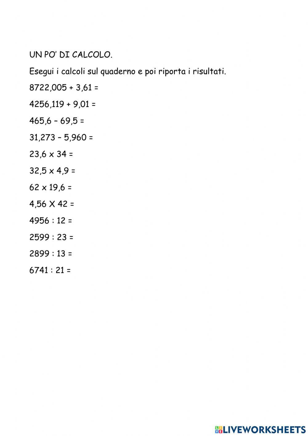 Calcoli in colonna 782022 | Alete | Live Worksheets