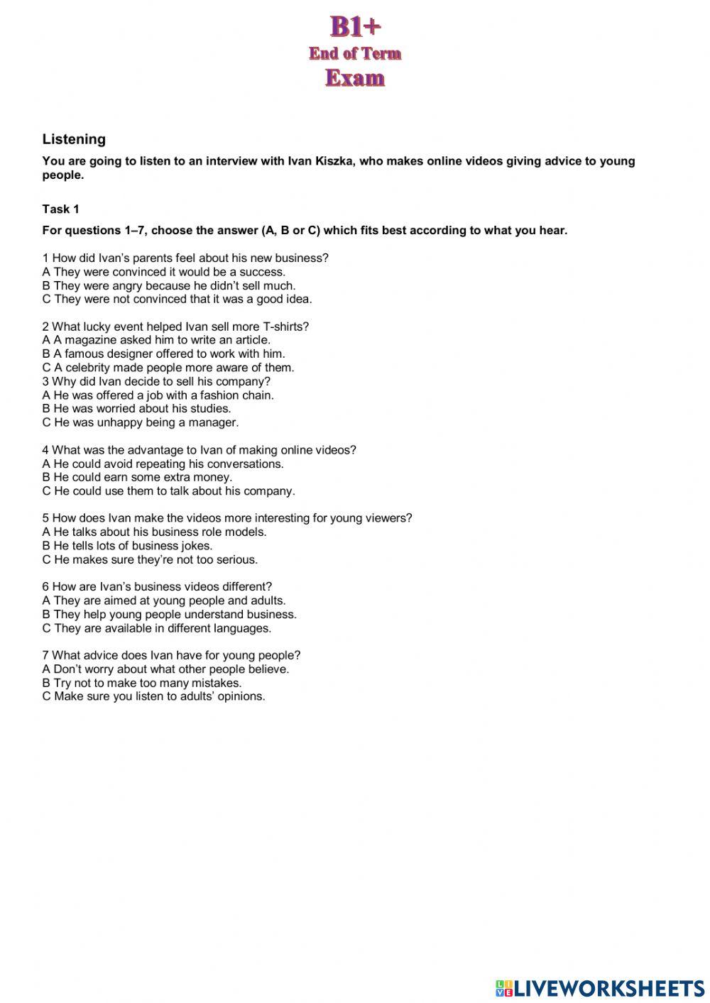 B1+ LISTENING March 21 worksheet | Live Worksheets