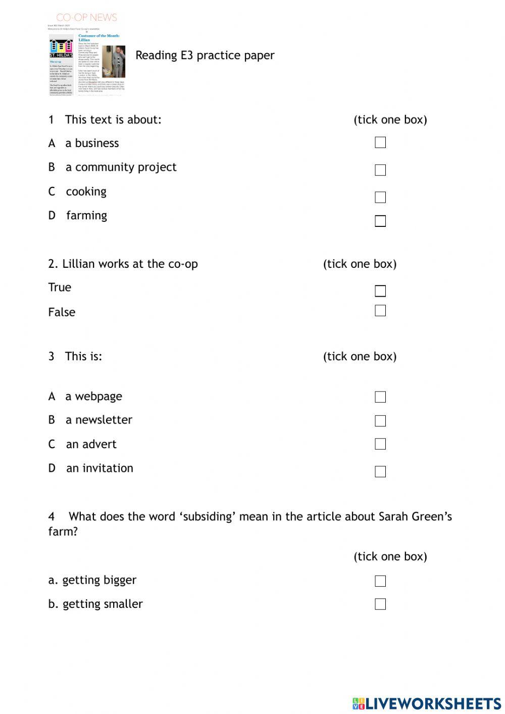 Worksheet for Co-op Newsletter online exercise for | Live Worksheets