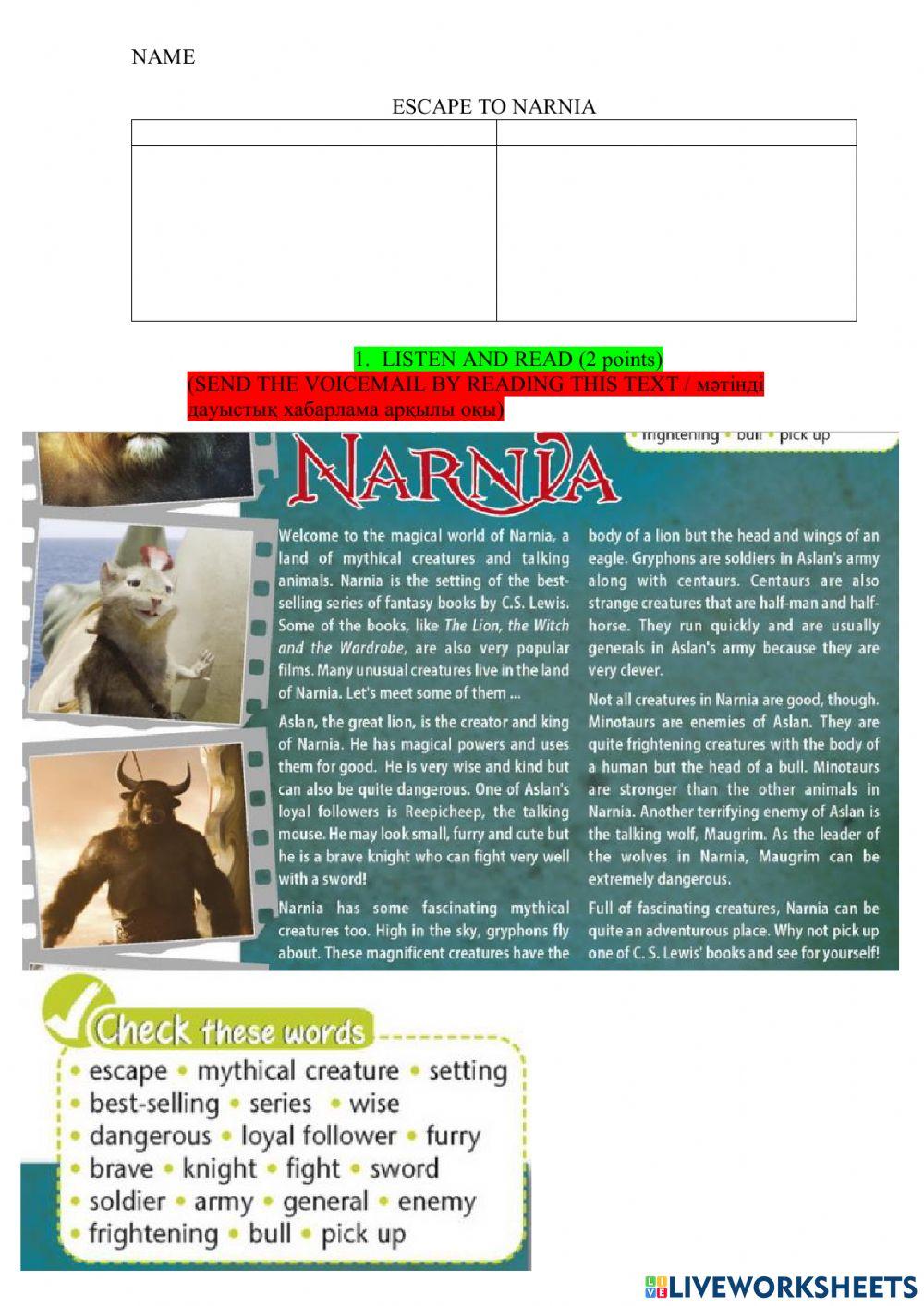 Escape to Narnia | Free Interactive Worksheets | 782544