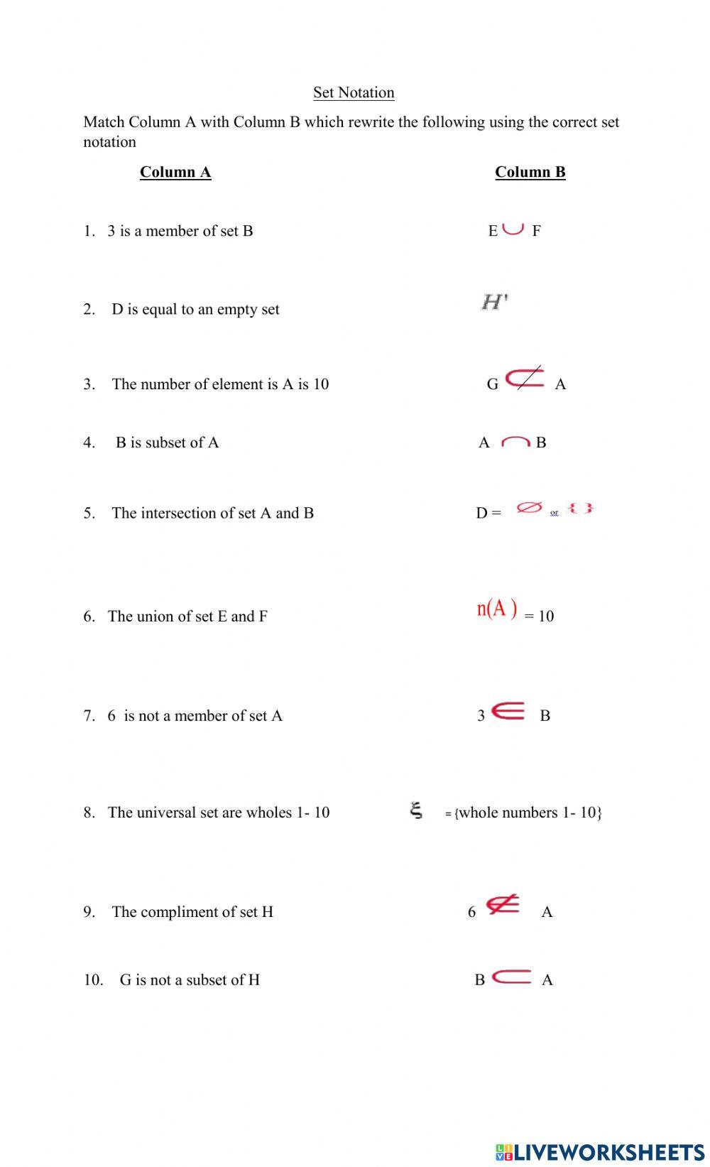 Set Notation | Free Interactive Worksheets | 782554