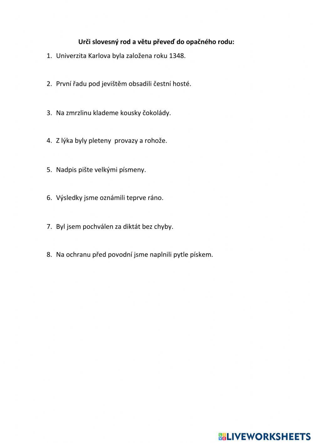 Slovesný rod worksheet | Live Worksheets