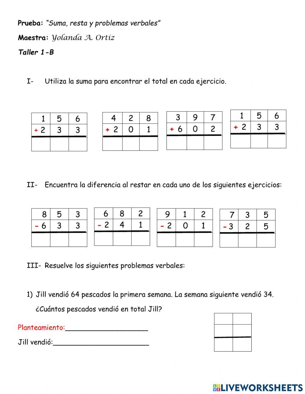 782643 | Prueba: -Suma, resta, problemas verbales
