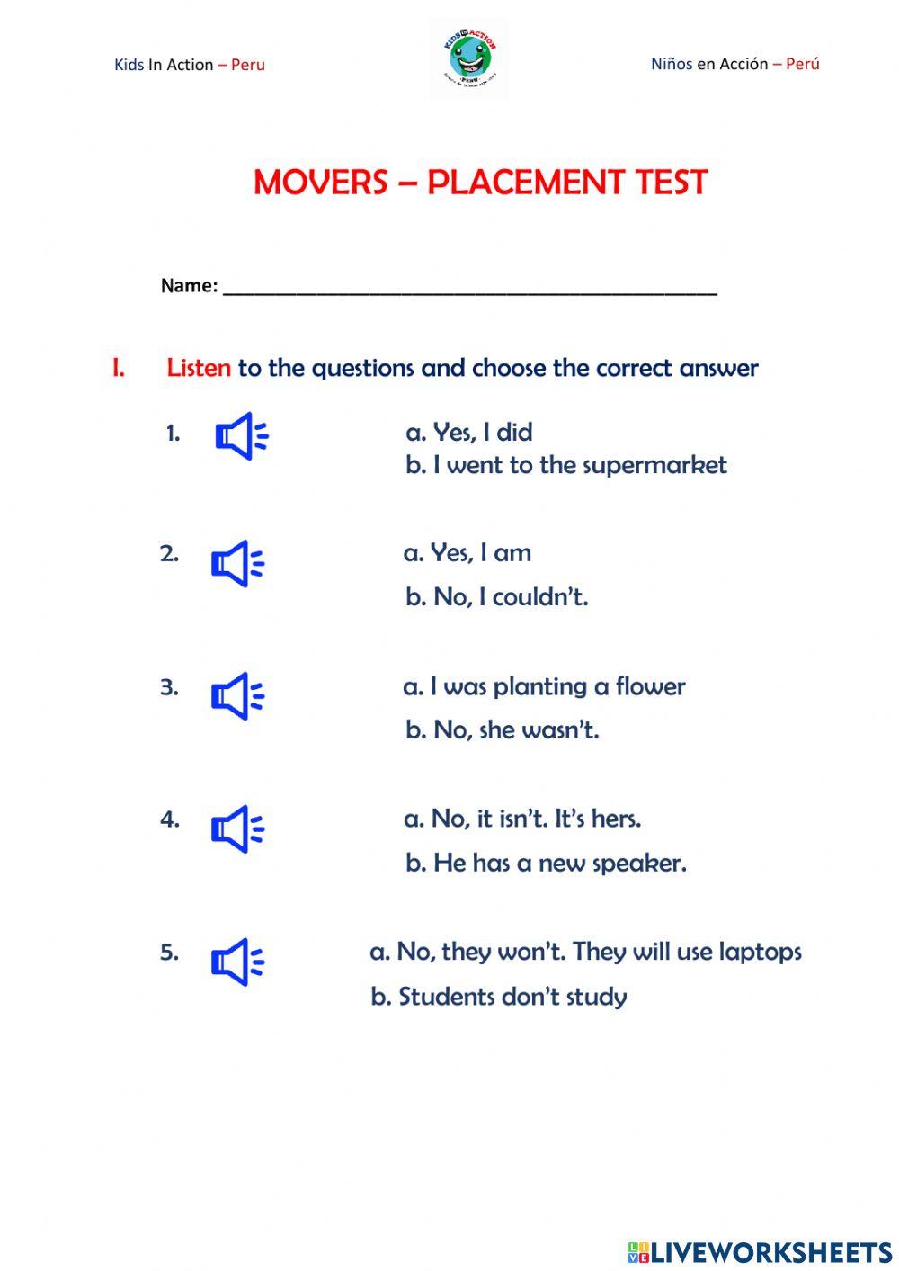 Placement exam worksheet | Live Worksheets