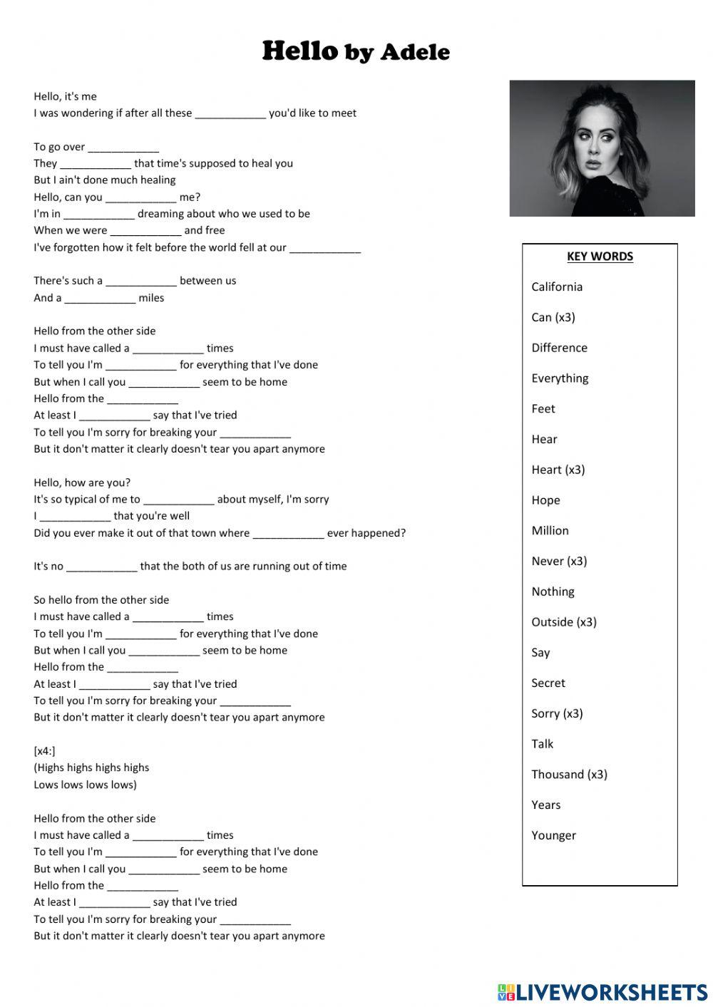 Hello - Adele | Free Interactive Worksheets | 783126