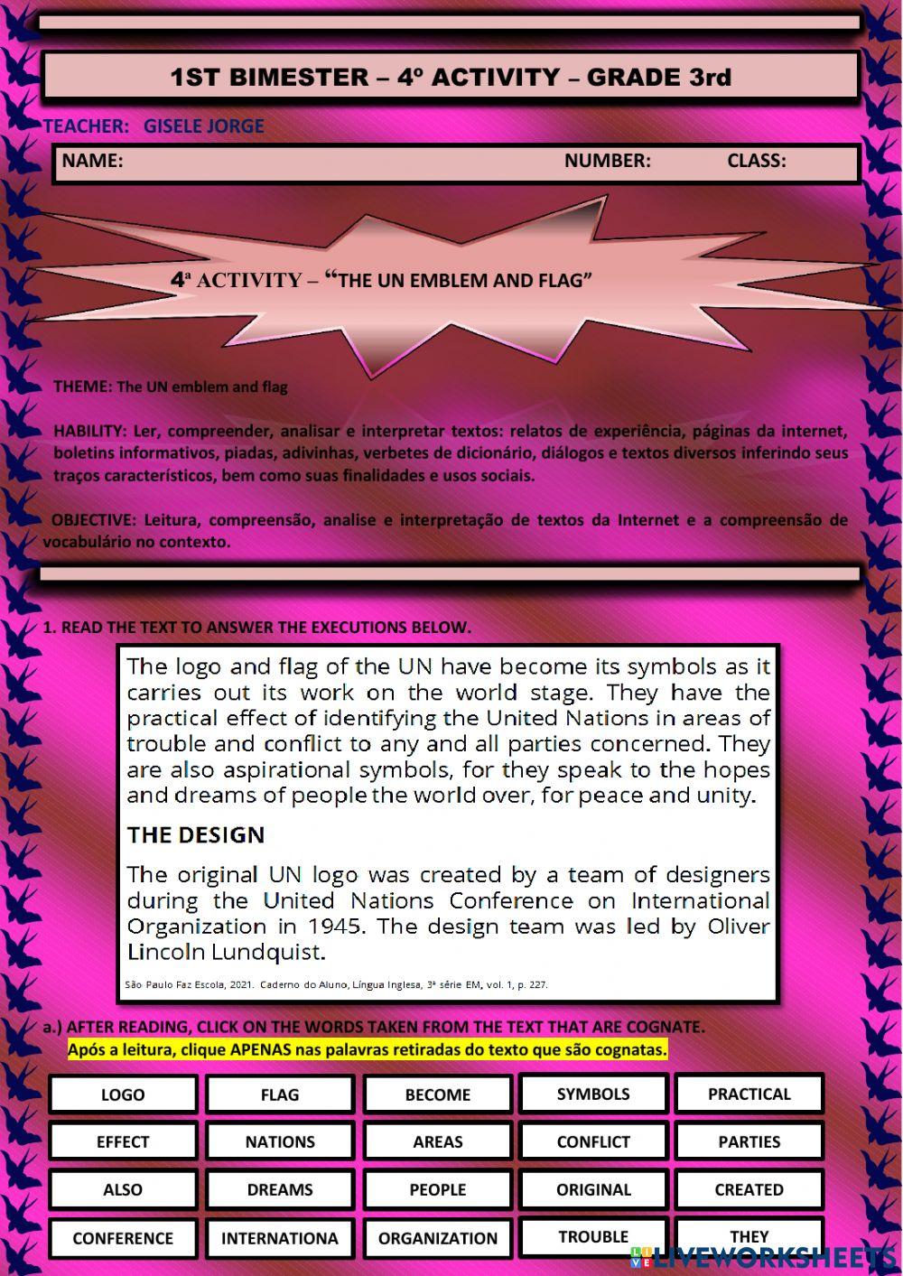 1st BIMESTER - 4ª ACTIVITY – THE UN EMBLEM AND FLAG - GRADE 3rd worksheet | Live Worksheets