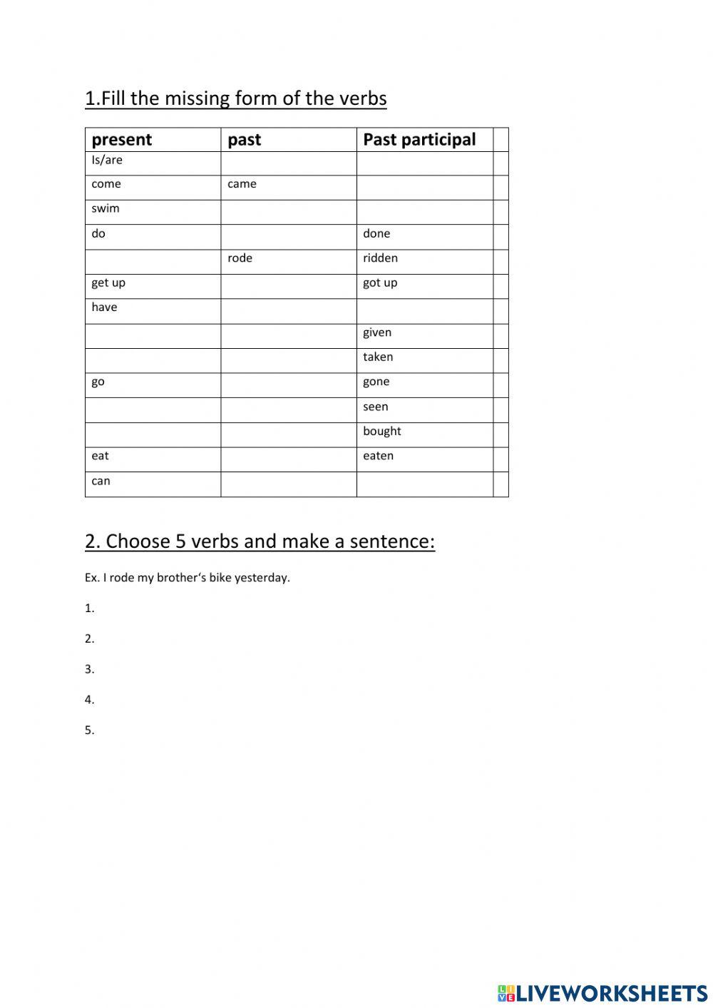 Irregular verbs 1 worksheet for Grade 6 | Live Worksheets