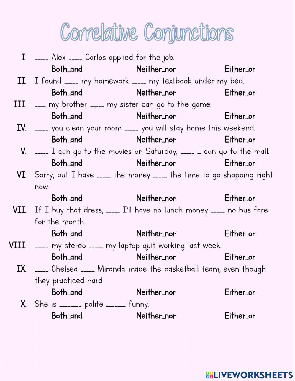 Correlative Conjunctions Online Exercise For Live Worksheets