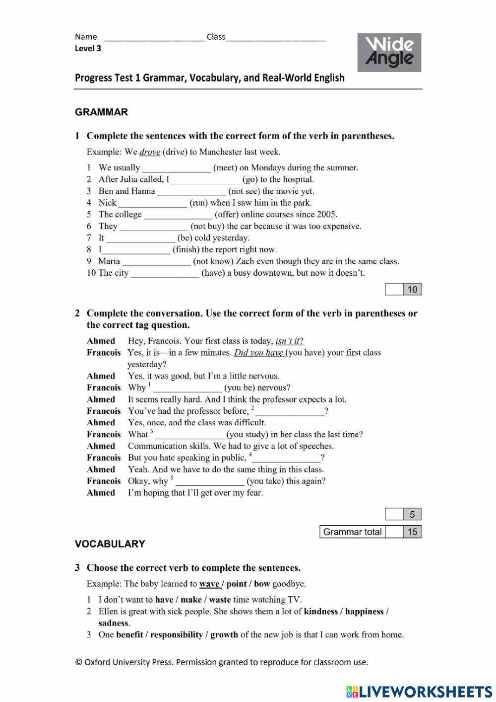 Wide Angle 3 Unit 3 Exam 4833658 | Oscar mugnoz | Live