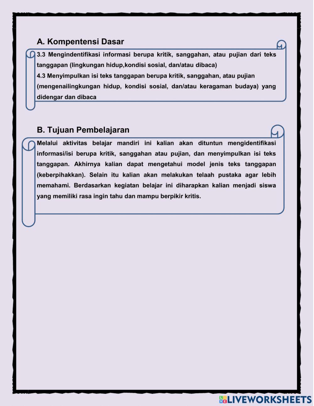 Teks tanggapan | Free Interactive Worksheets | 784575