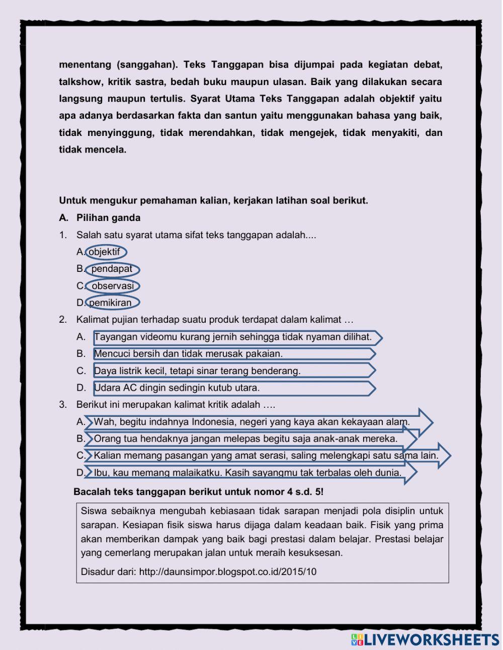 Teks tanggapan | Free Interactive Worksheets | 784575