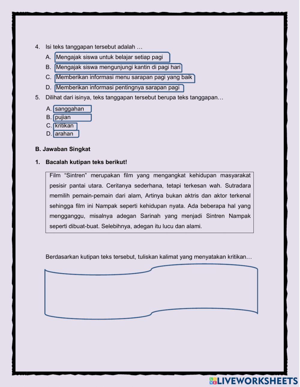 Teks tanggapan | Free Interactive Worksheets | 784575