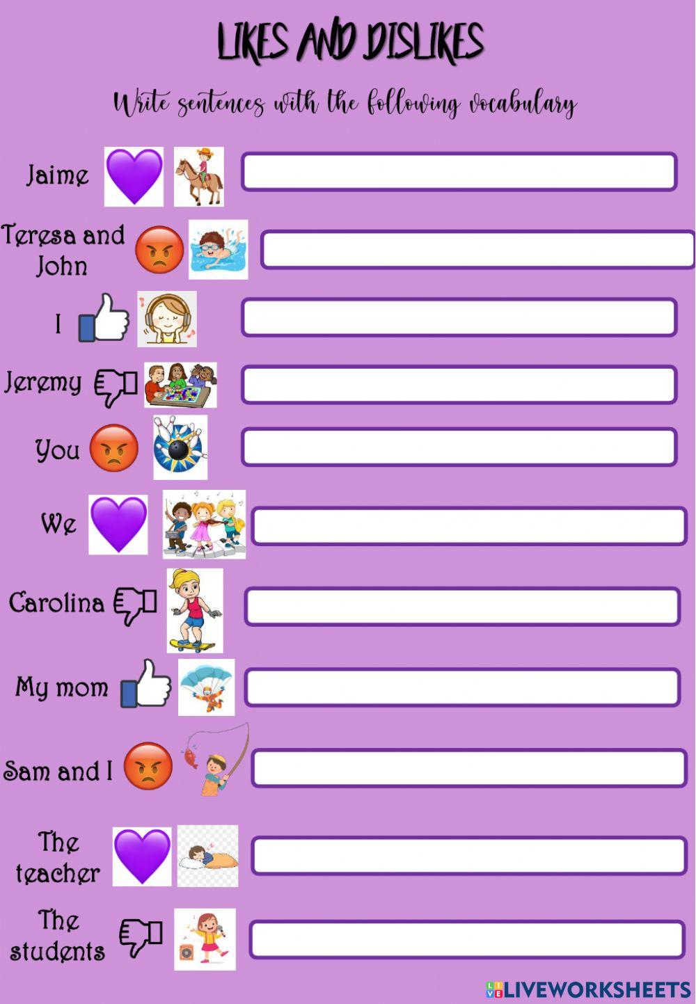 Likes and dislikes online exercise for Beginner | Live Worksheets