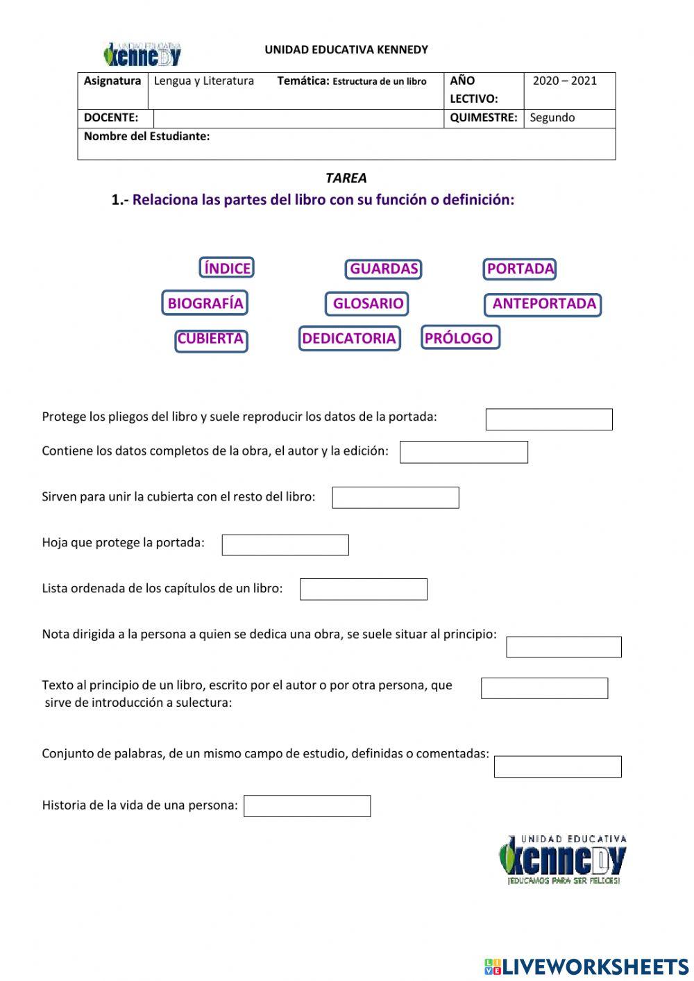 Partes de un libro worksheet | Live Worksheets