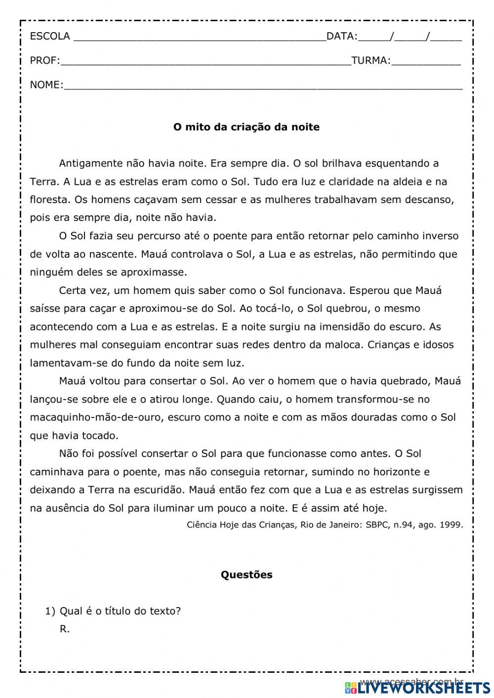 Leitura de Mito worksheet | Live Worksheets