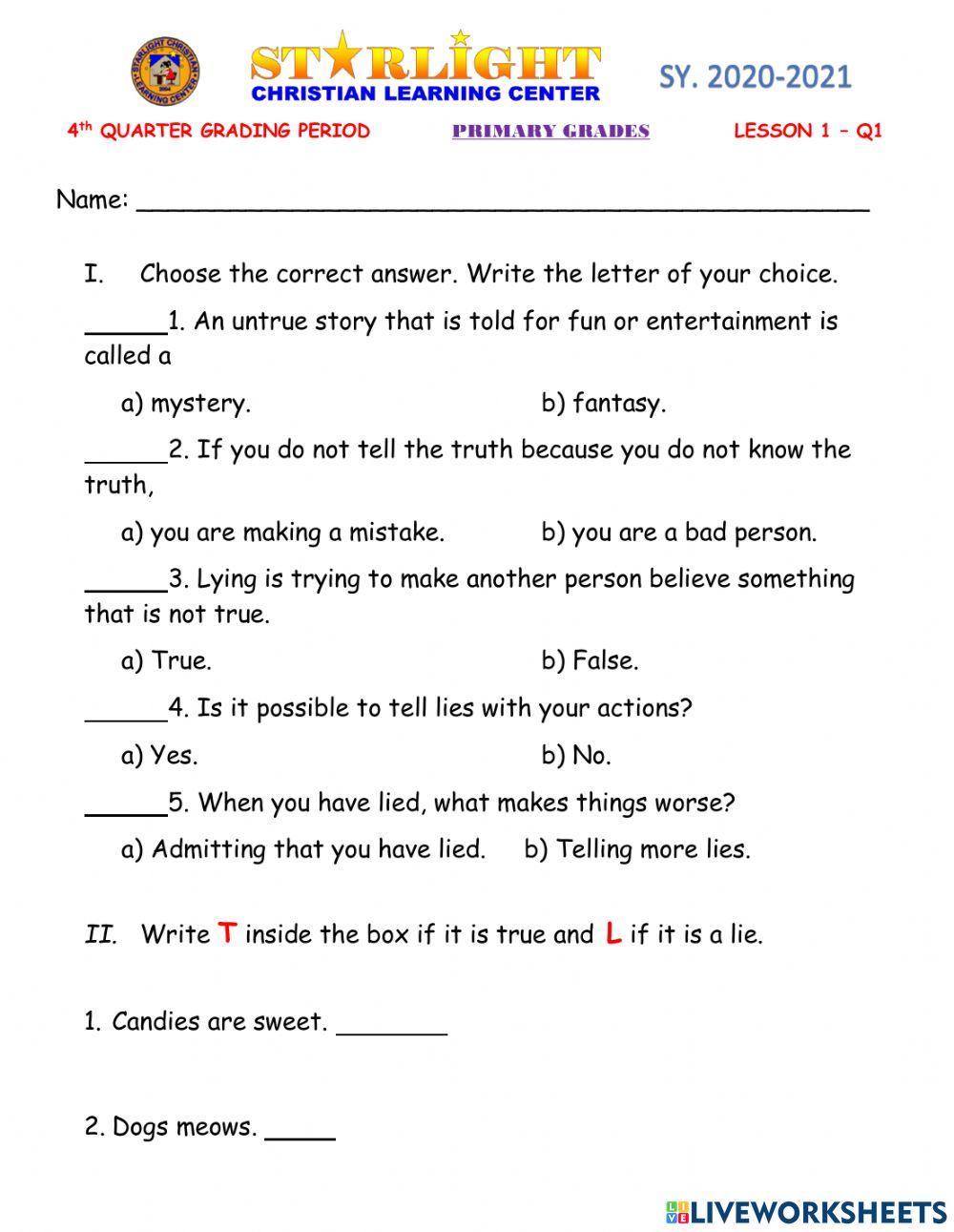 ESP-CL (PRIMARY) - 4th QTR LESSON 1 QUIZ : LYING worksheet | Live ...