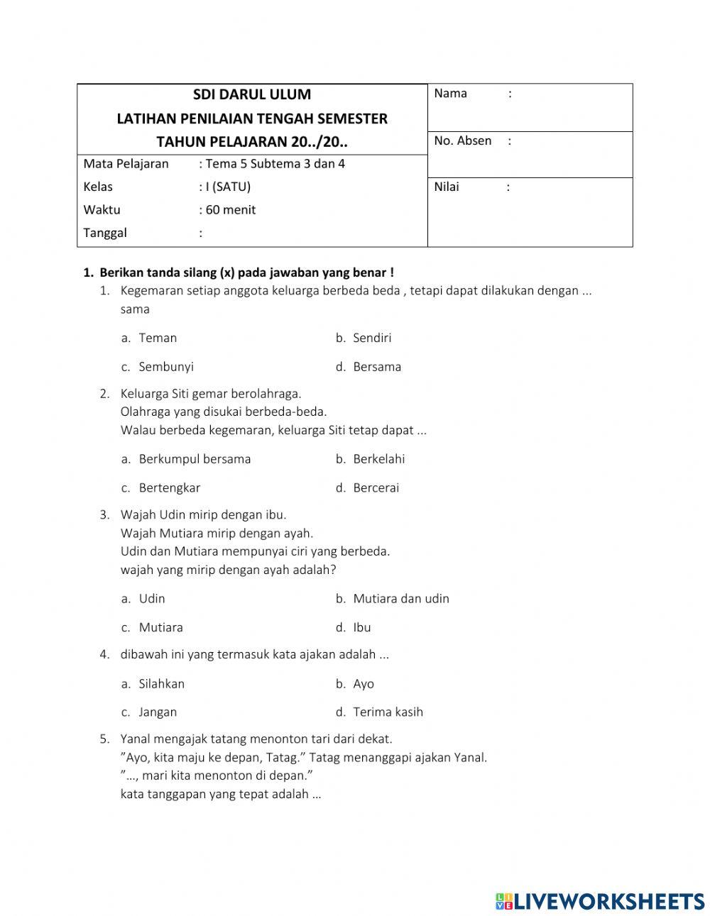 Tema 5 SUB tema 3 dan 4 worksheet | Live Worksheets