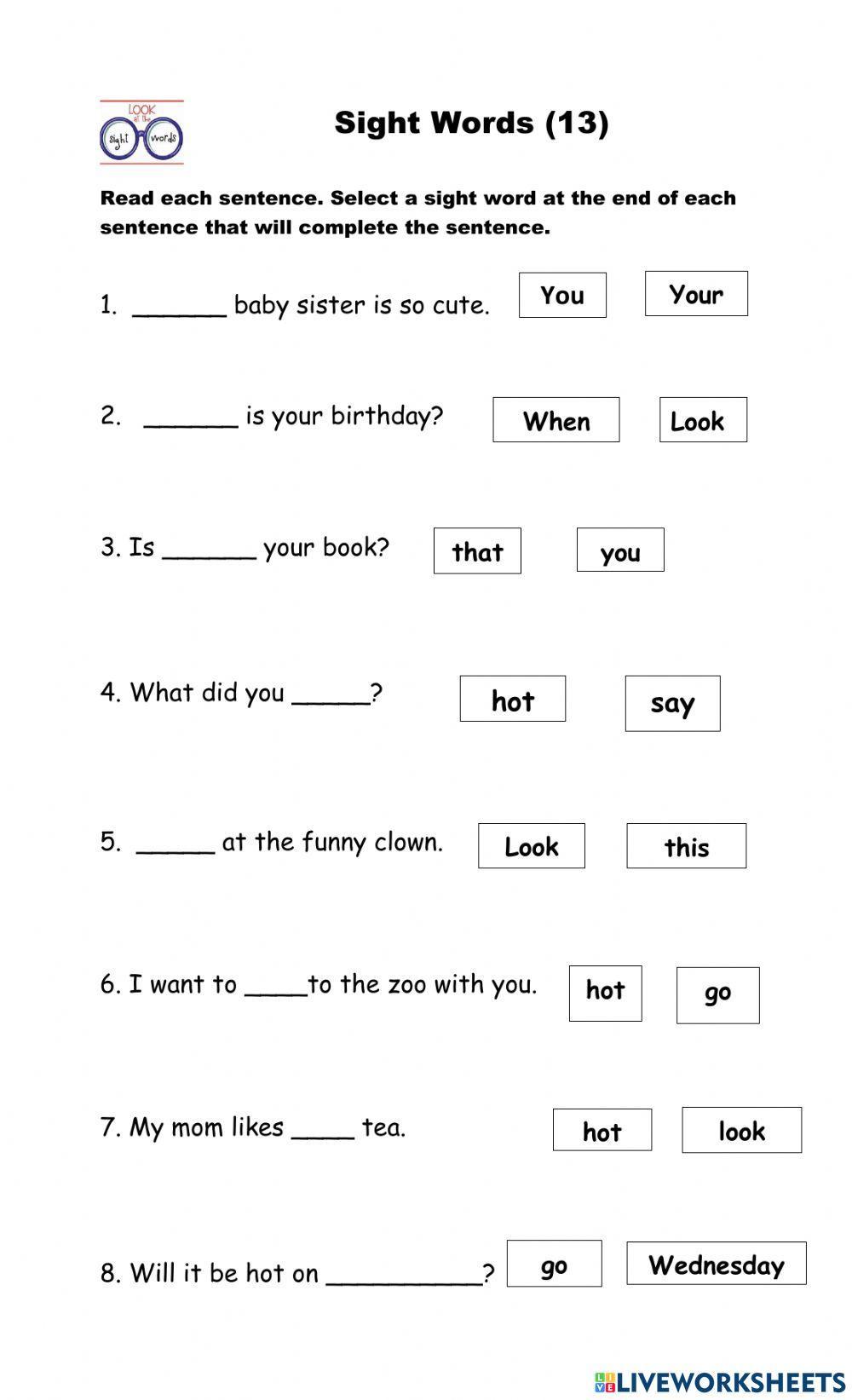 Sight Words 13 worksheet | Live Worksheets