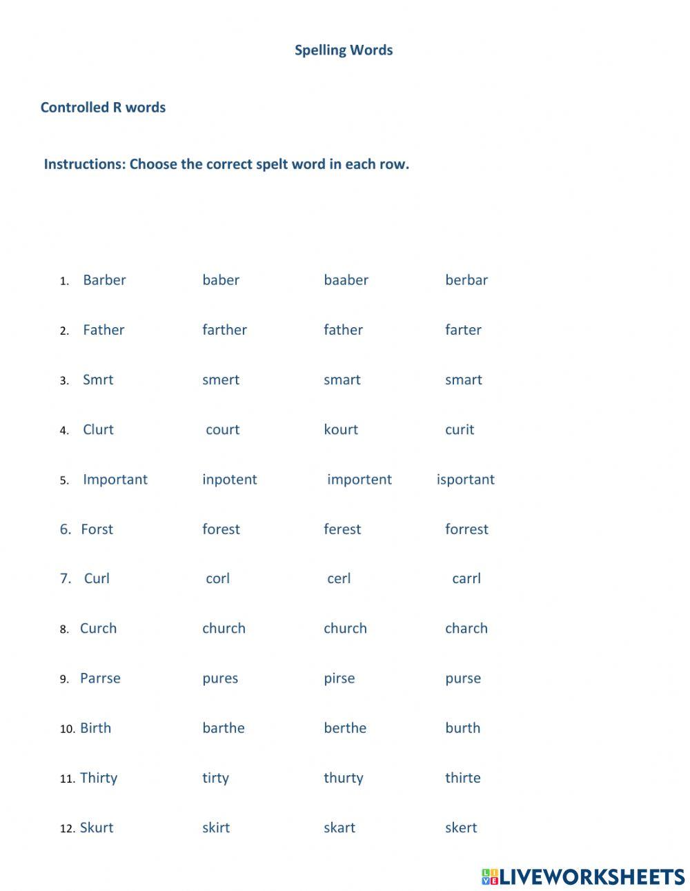 Spelling Controlled R List Worksheet Live Worksheets Spelling Controlled R List Worksheet Live Worksheets