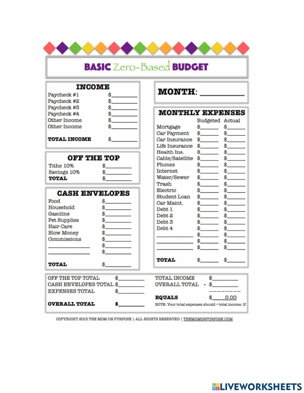 Sample Budget worksheet | Live Worksheets