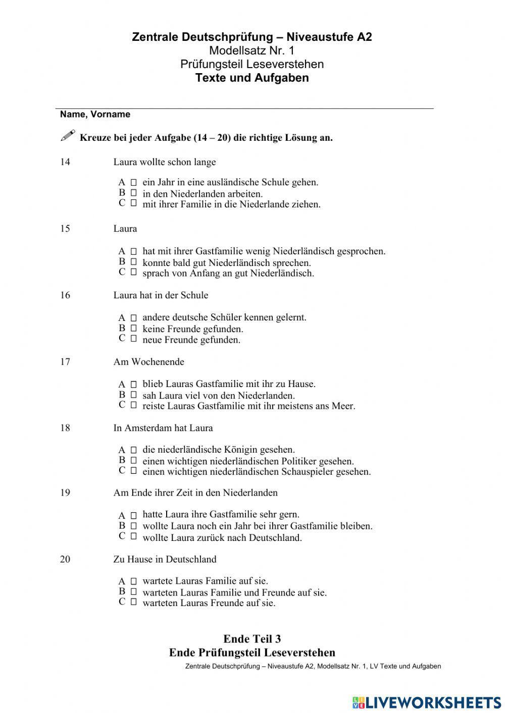 A2- leseversteh… | Free Interactive Worksheets | 786539