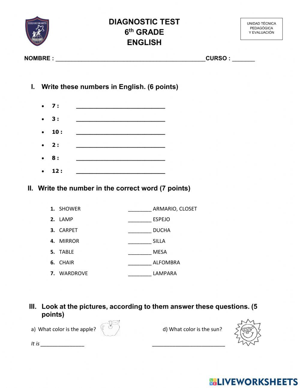 Diagnostic Test 6th Grade worksheet | Live Worksheets