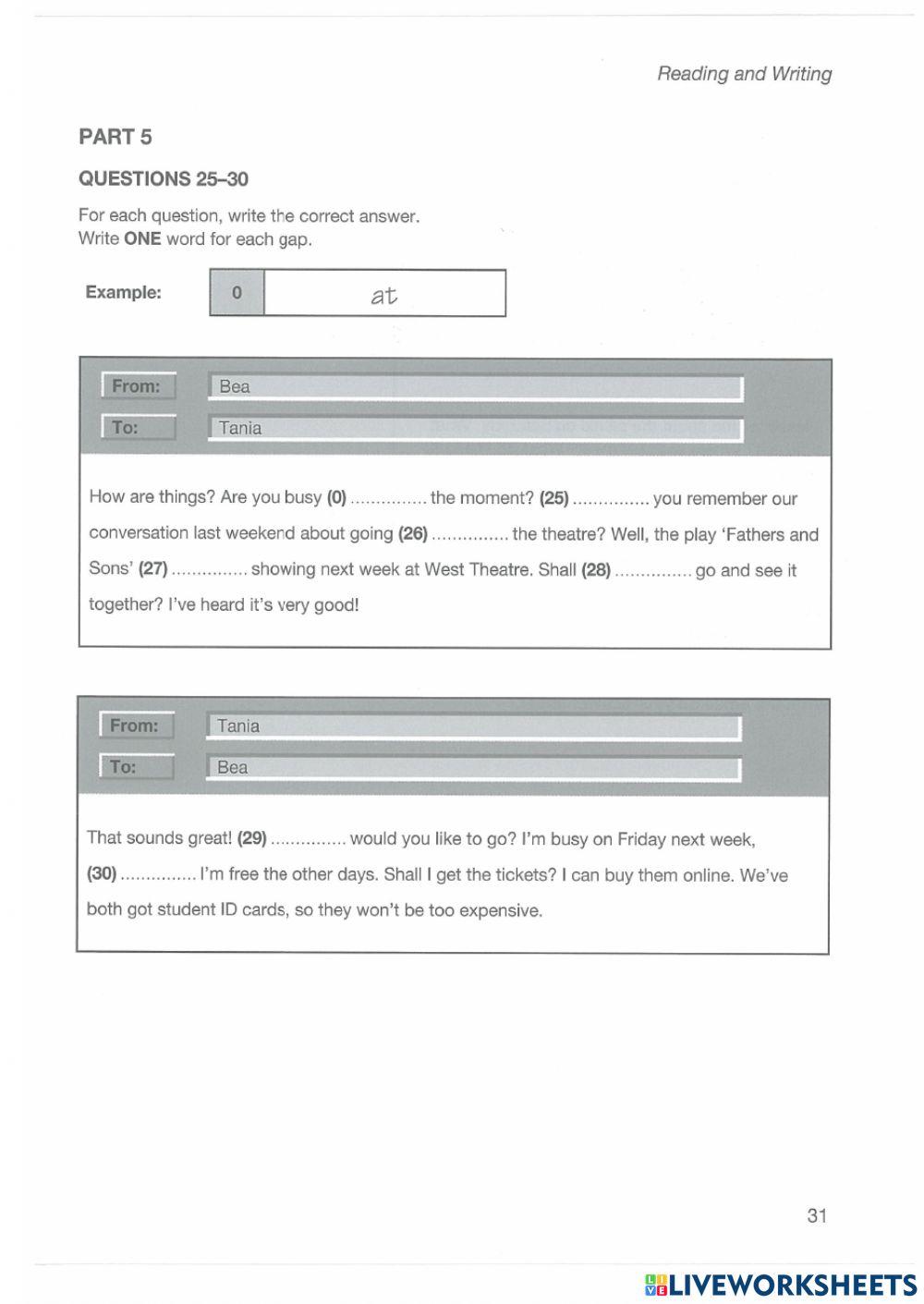 KET READING PART 5.2 worksheet | Live Worksheets