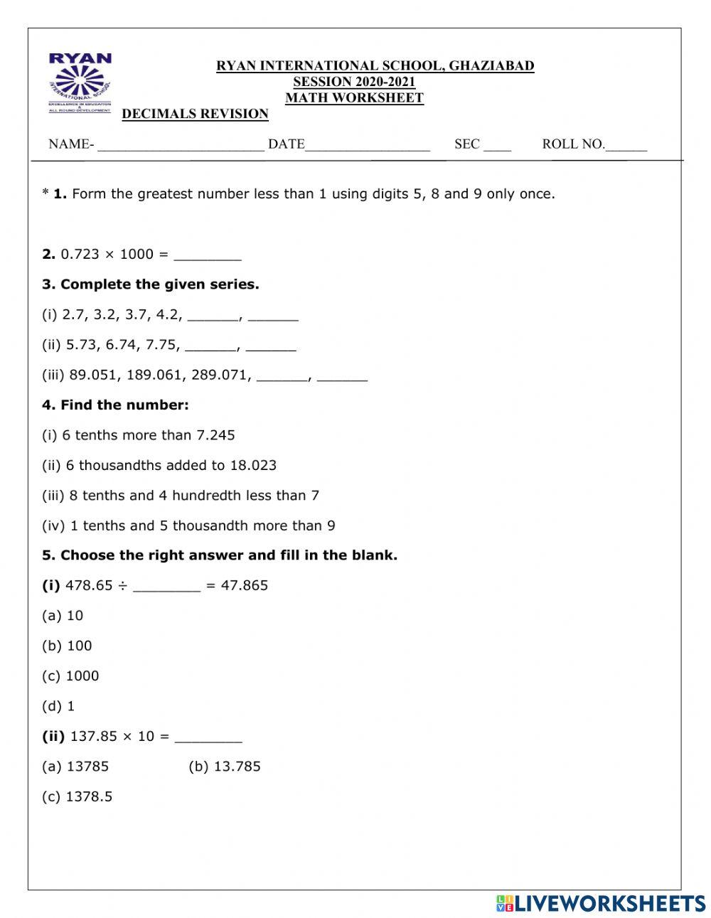 Decimals Class 5 Worksheet Live Worksheets decimals-class-5-worksheet-live-worksheets