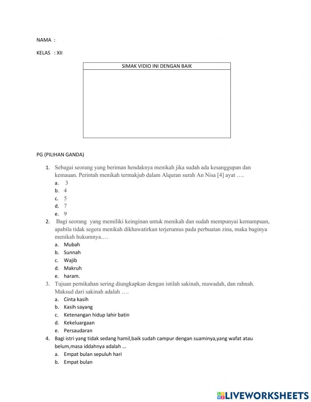 Pendidikan Agama islam exercise for 12 | Live Worksheets