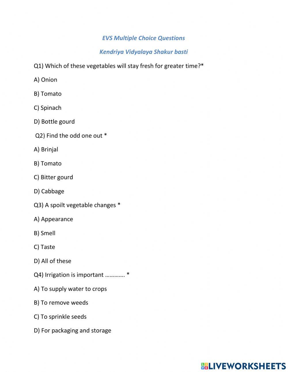Evs multiple choice questions worksheet | Live Worksheets