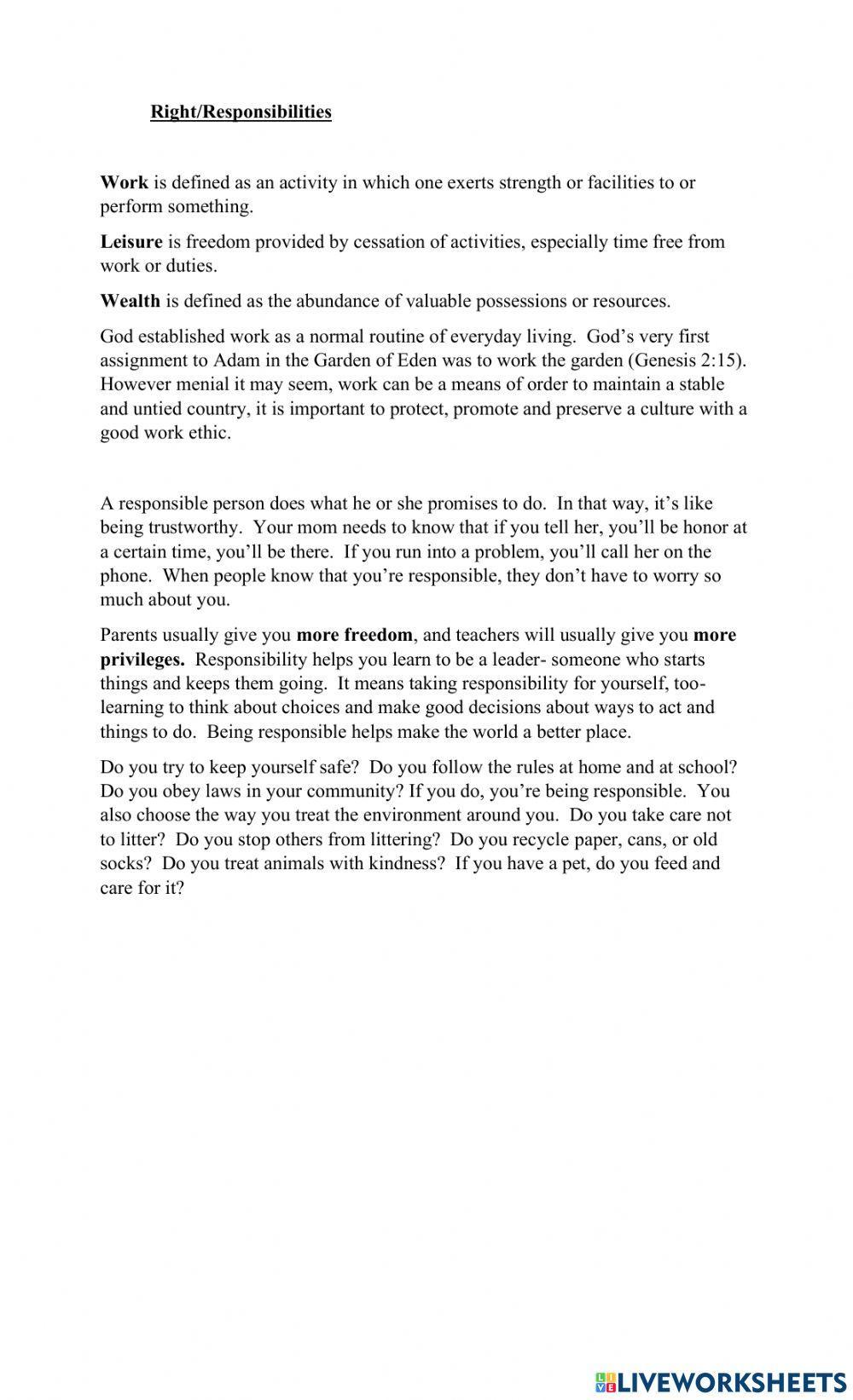 Right and Responsibilities worksheet | Live Worksheets