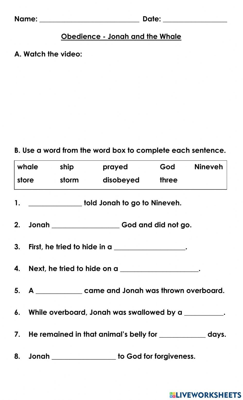jonah and the whale worksheet