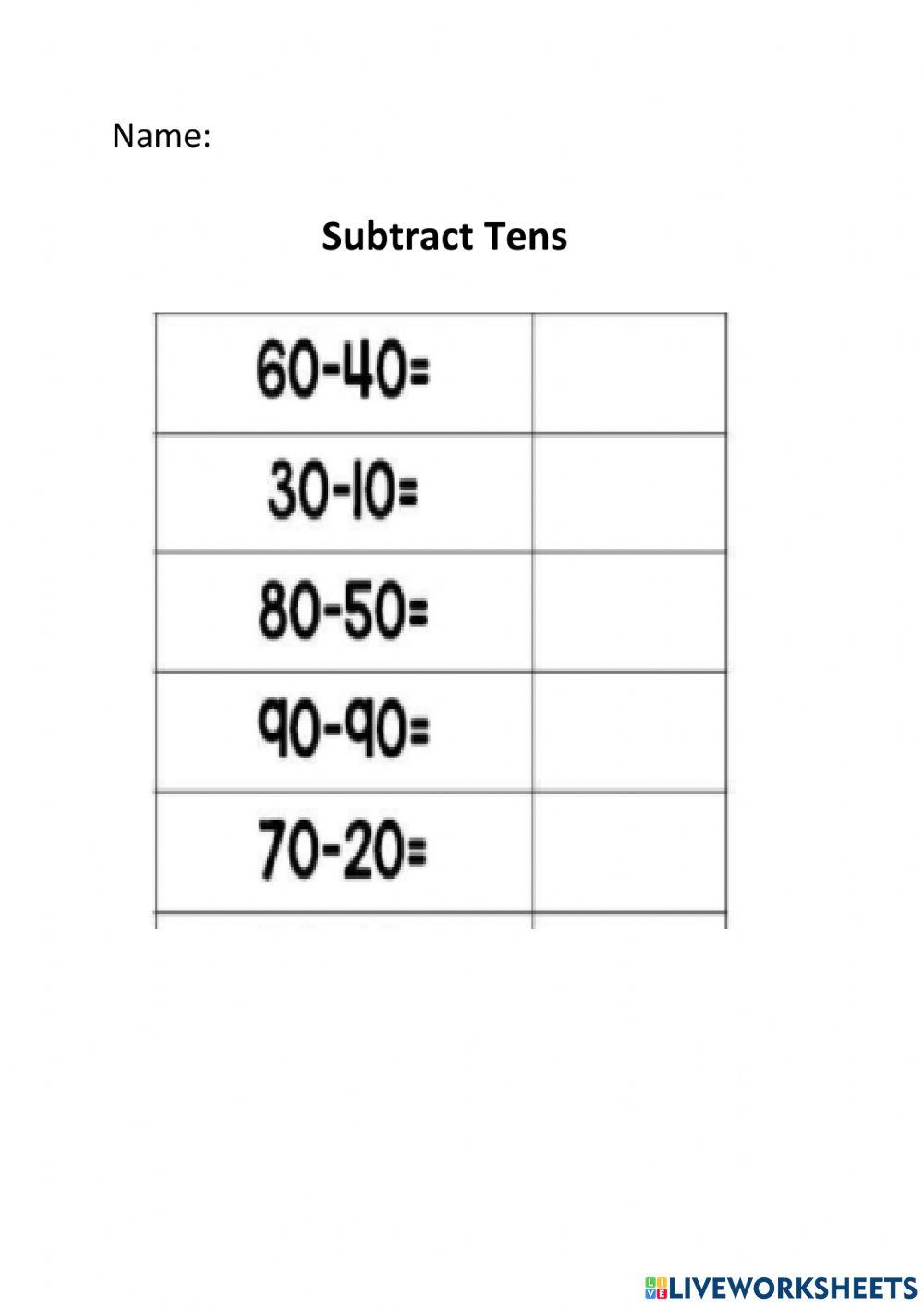 Subtract tens online exercise for | Live Worksheets