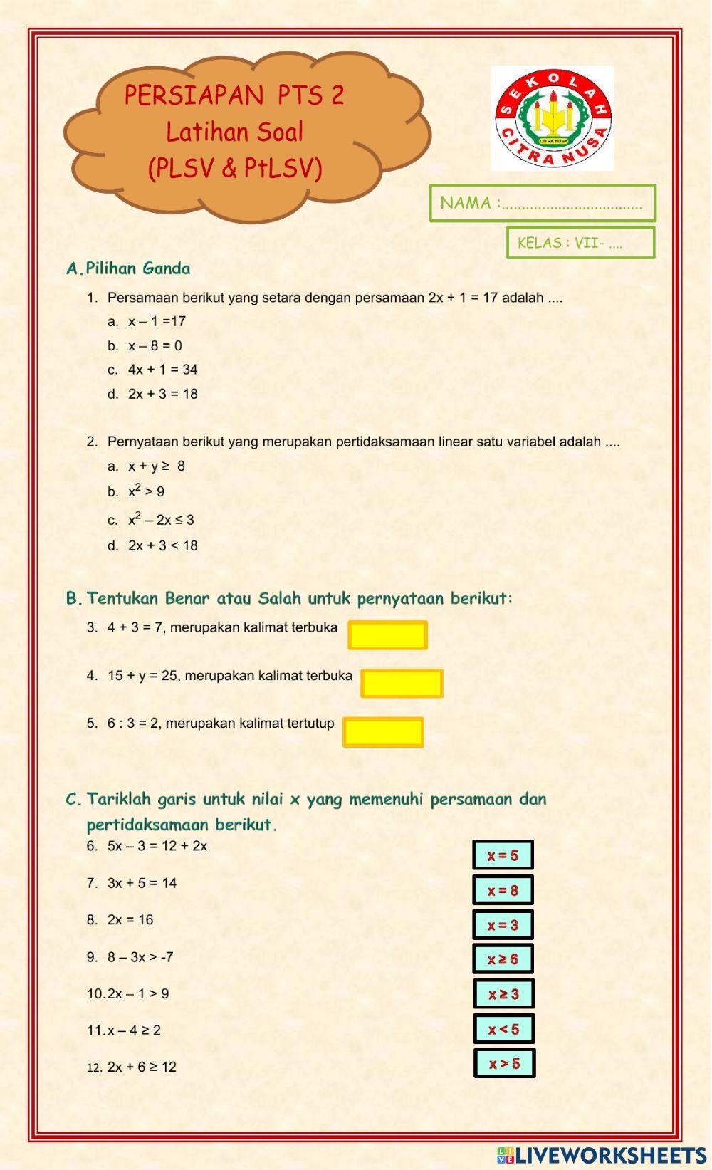 791239 | PLSV dan PtLSV | Hernawati | LiveWorksheets