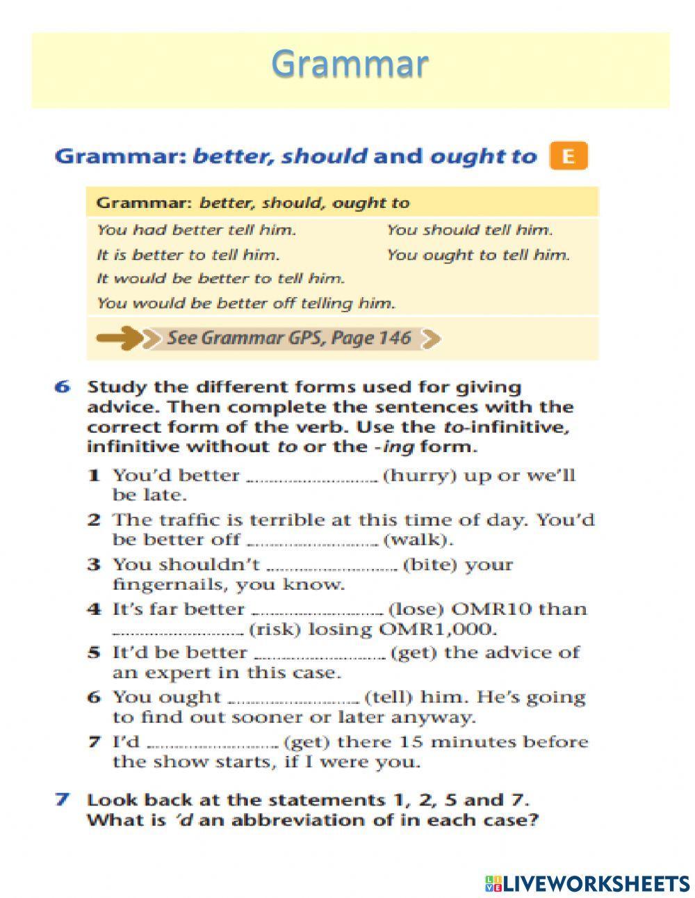 791825 | Grammar:better, should and ought to | Maryam
