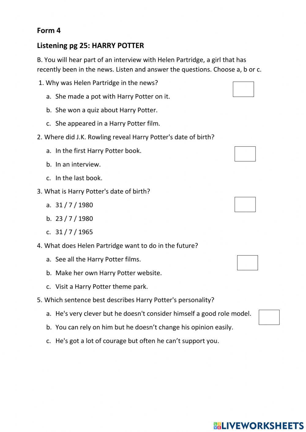 Listening Harry Porter worksheet | Live Worksheets