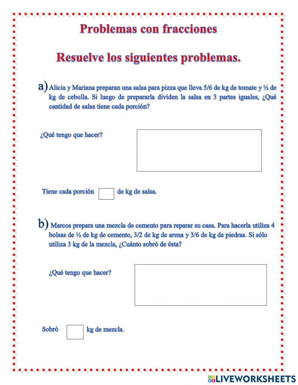 Problemas con fracciones online pdf activity | Live Worksheets