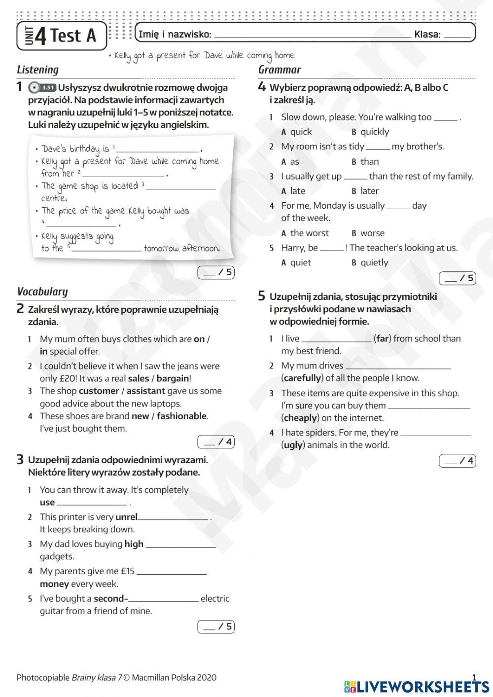 klasa 7 unit 4 | Free Interactive Worksheets | 4846616