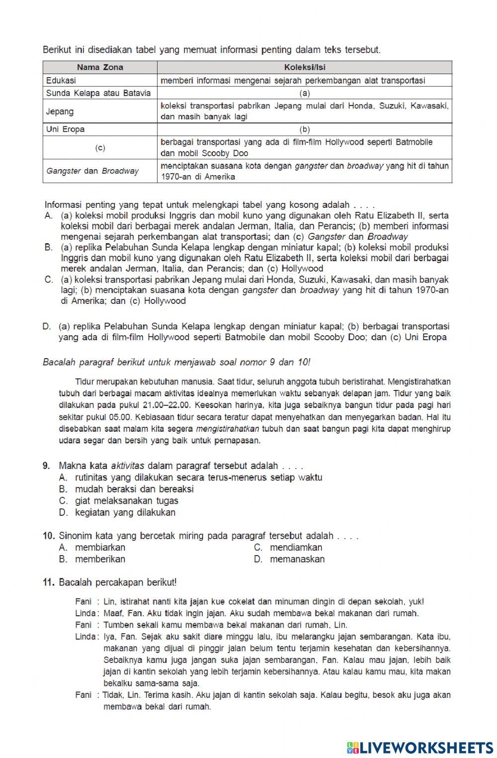 Latihan US BIN2 KELAS 6 worksheet | Live Worksheets