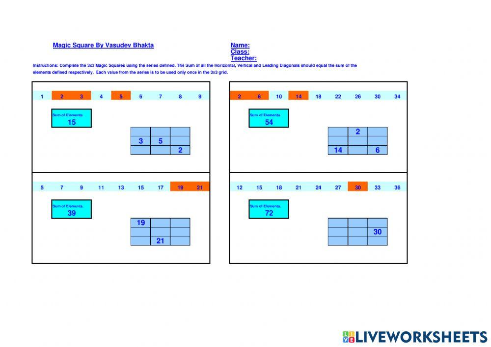 Magic Square 3x3 worksheet | Live Worksheets