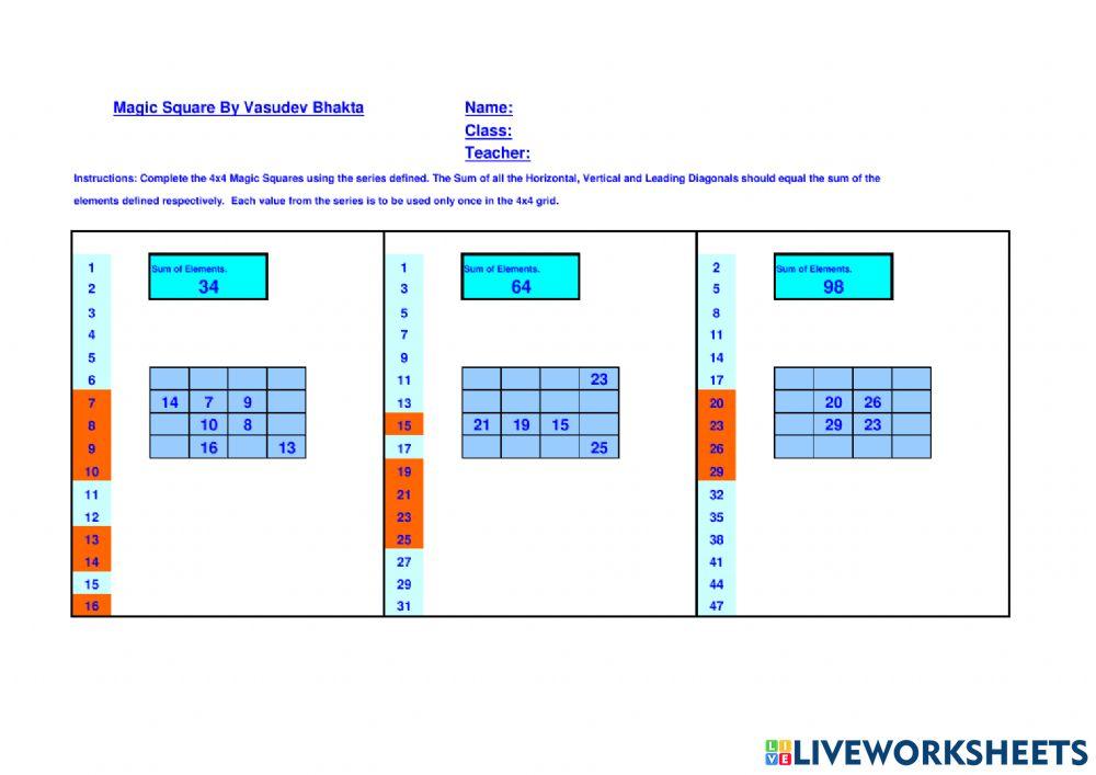 Magic Square 4x4 | Free Interactive Worksheets | 794012