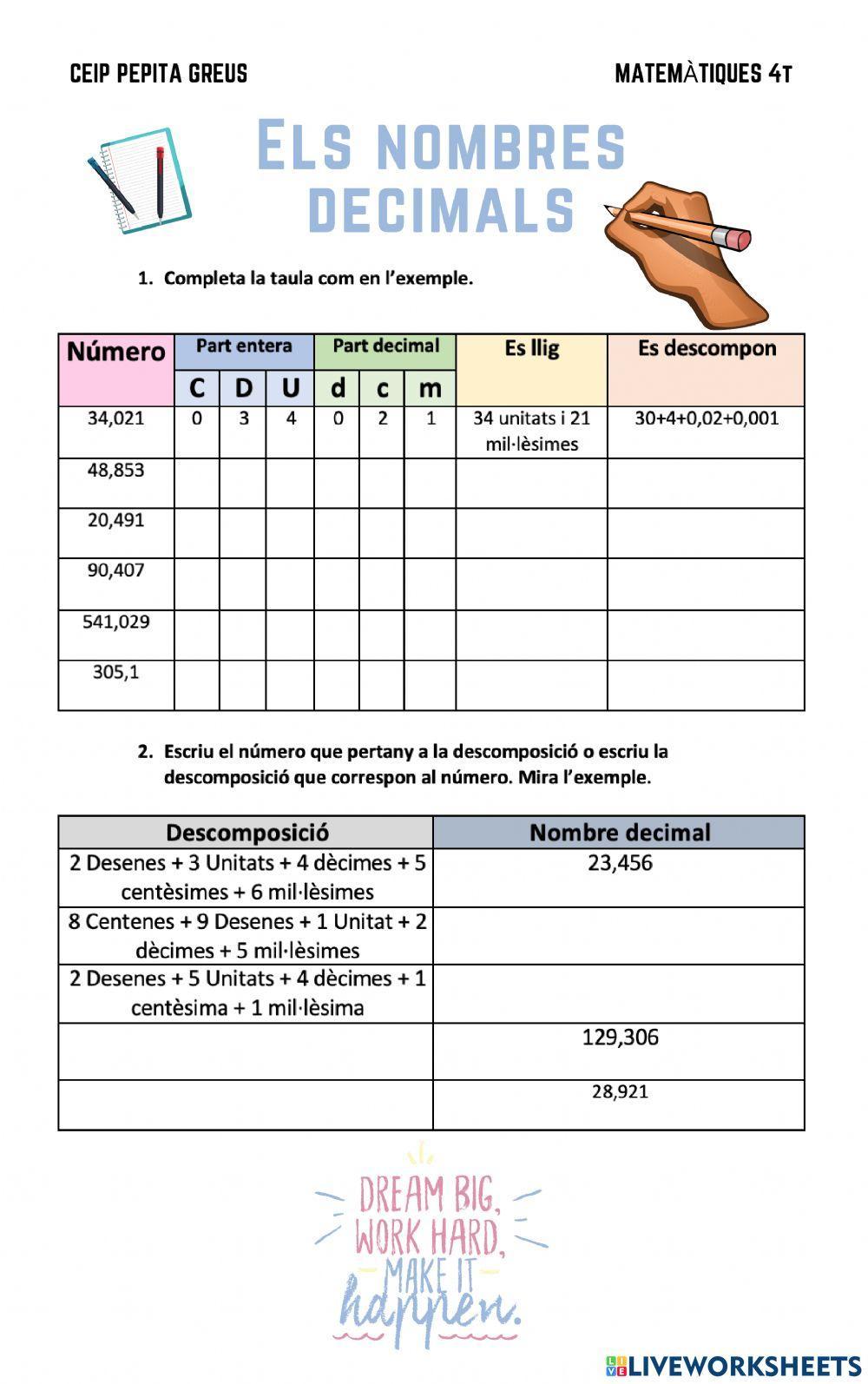 Els nombres dec… | Free Interactive Worksheets | 794391