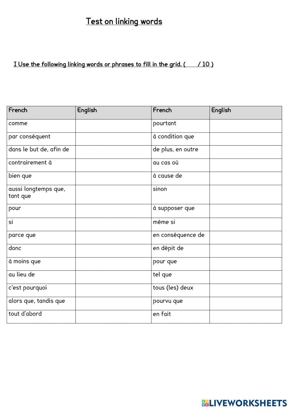 Linking words test worksheet | Live Worksheets