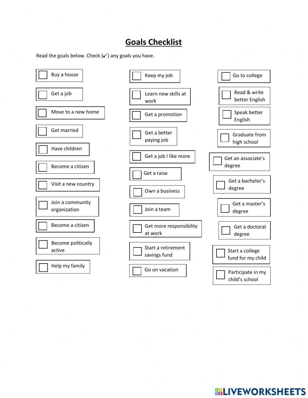 4850909 | Goals Checklist | dorable7 | LiveWorksheets