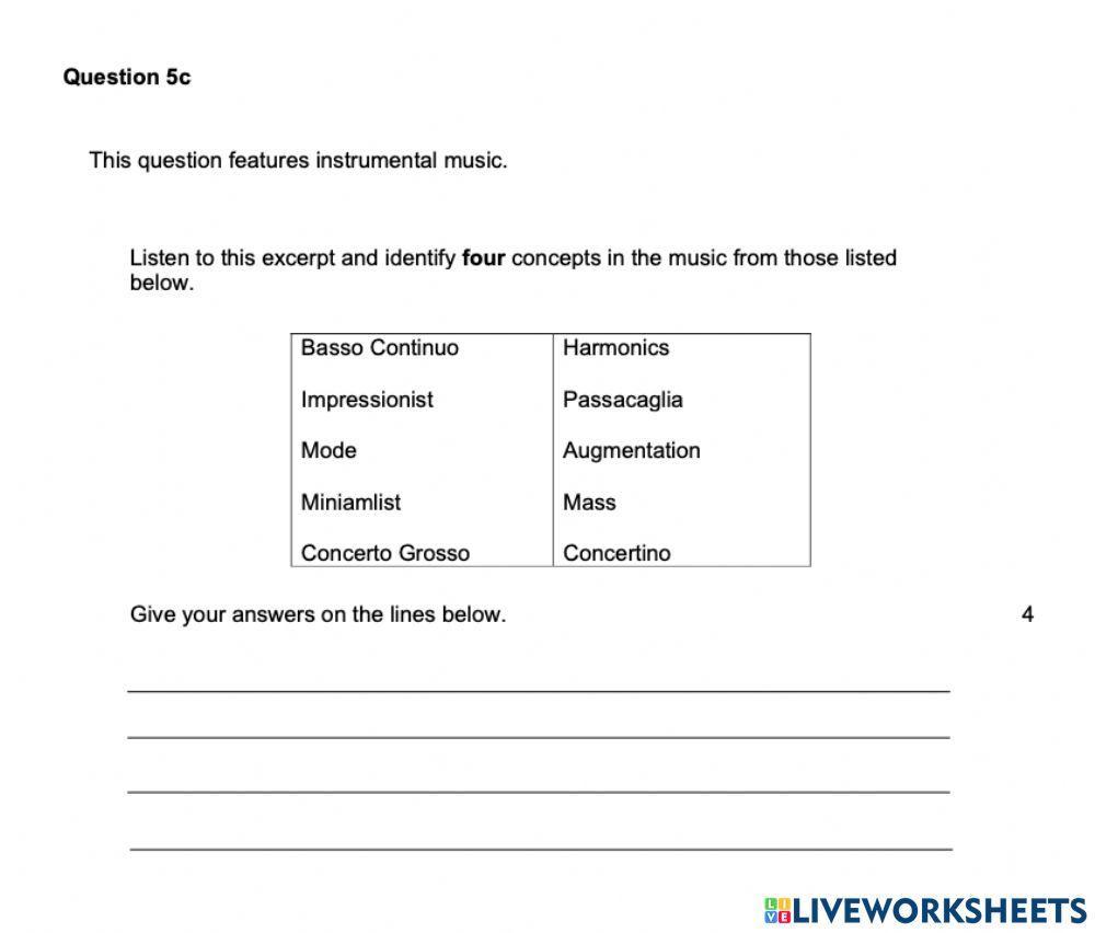 Higher Music Practise Question 5C worksheet | Live Worksheets