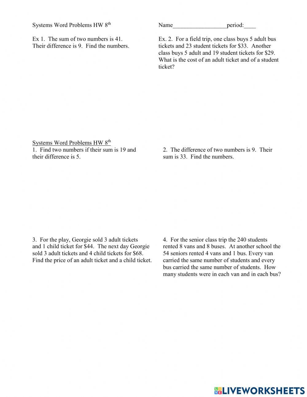 System Of Equations Word Problems Worksheet Solved For The Following