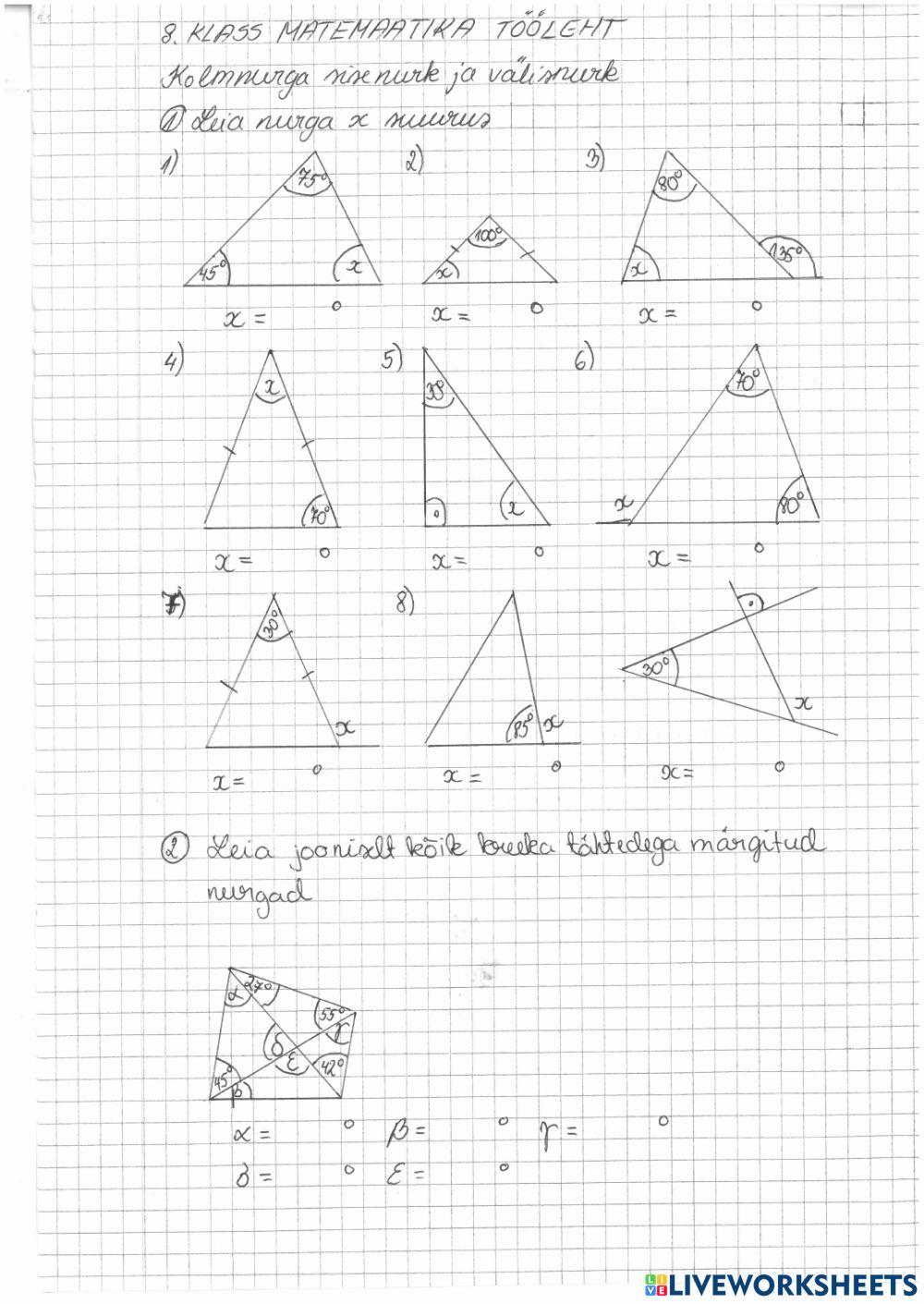 Kolmnurga nurgad | Free Interactive Worksheets | 797299