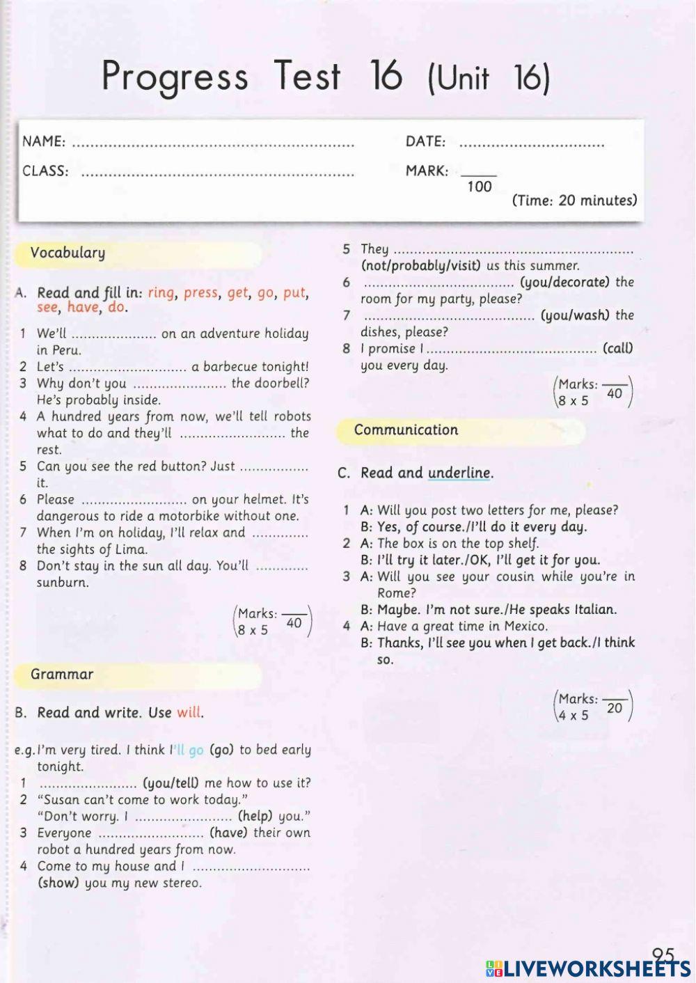 Welcome 3 Unit 16 Progress Test online exercise for | Live Worksheets