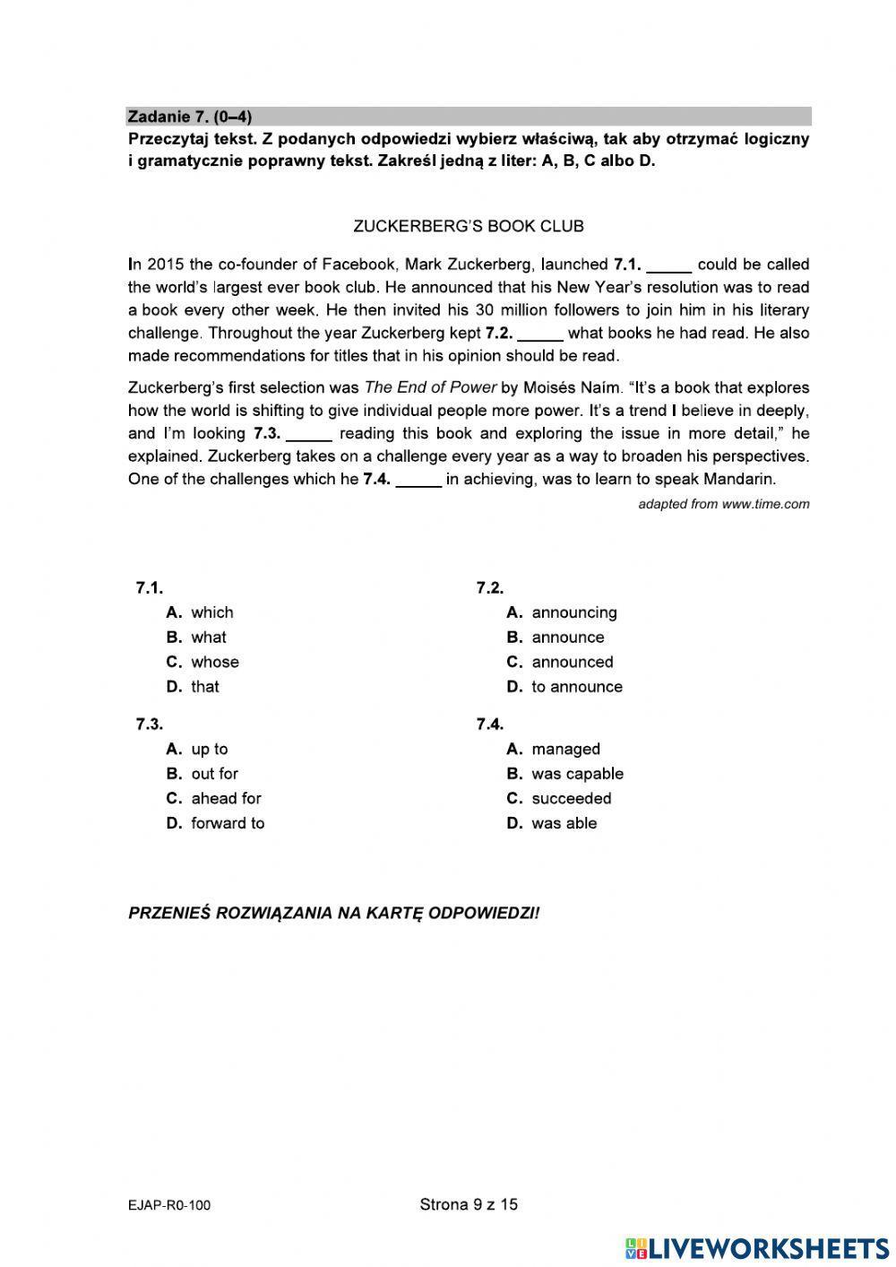 CKE matura próbna rozszerzona 2021 zad 1-8 worksheet | Live Worksheets